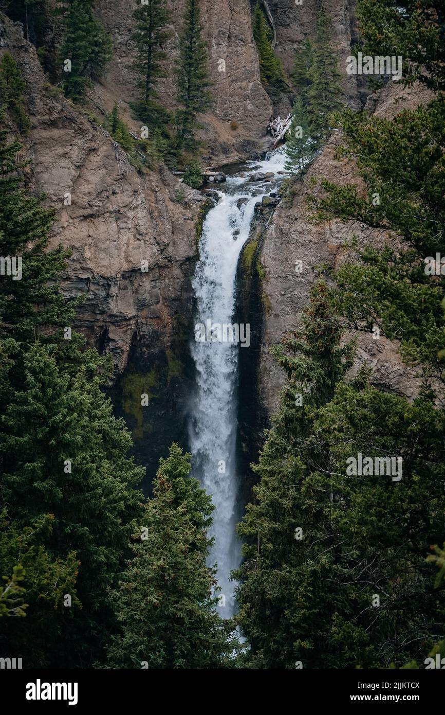 A vertical shot of a waterfall flowing down a cliff in the Yellowstone ...