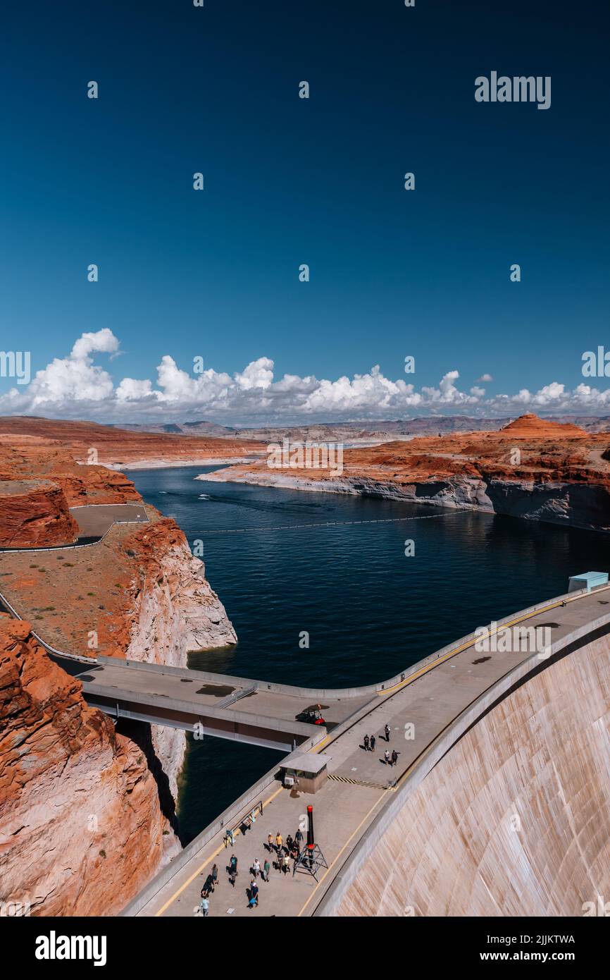 The aerial vertical shot of the Glen Canyon Dam near Page Arizona, USA ...
