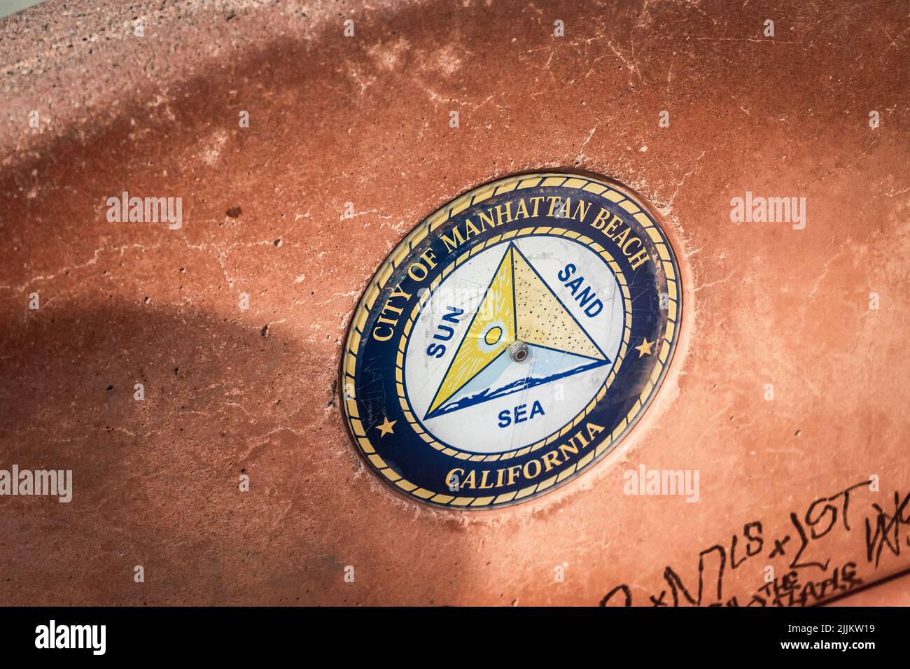 The close-up shot of a Californian sign on the benches from Manhattan ...
