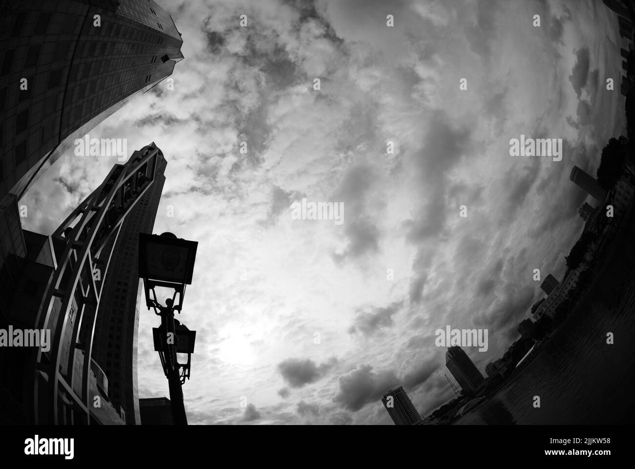 A beautiful shot taken in the Raffles Square in Singapore in grayscale ...