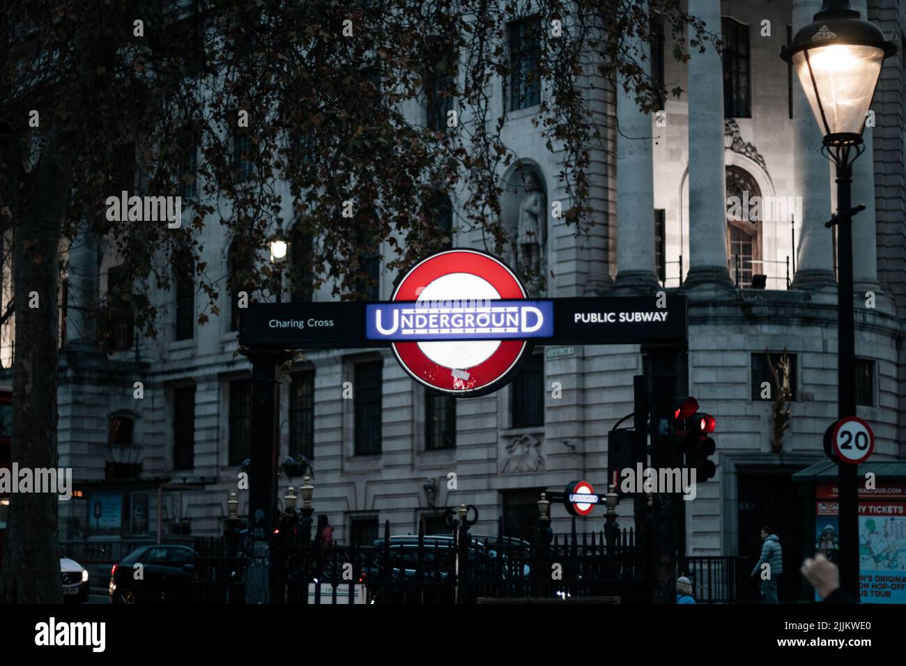 A shot of Charing Cross Underground Station sign in the evening Stock ...