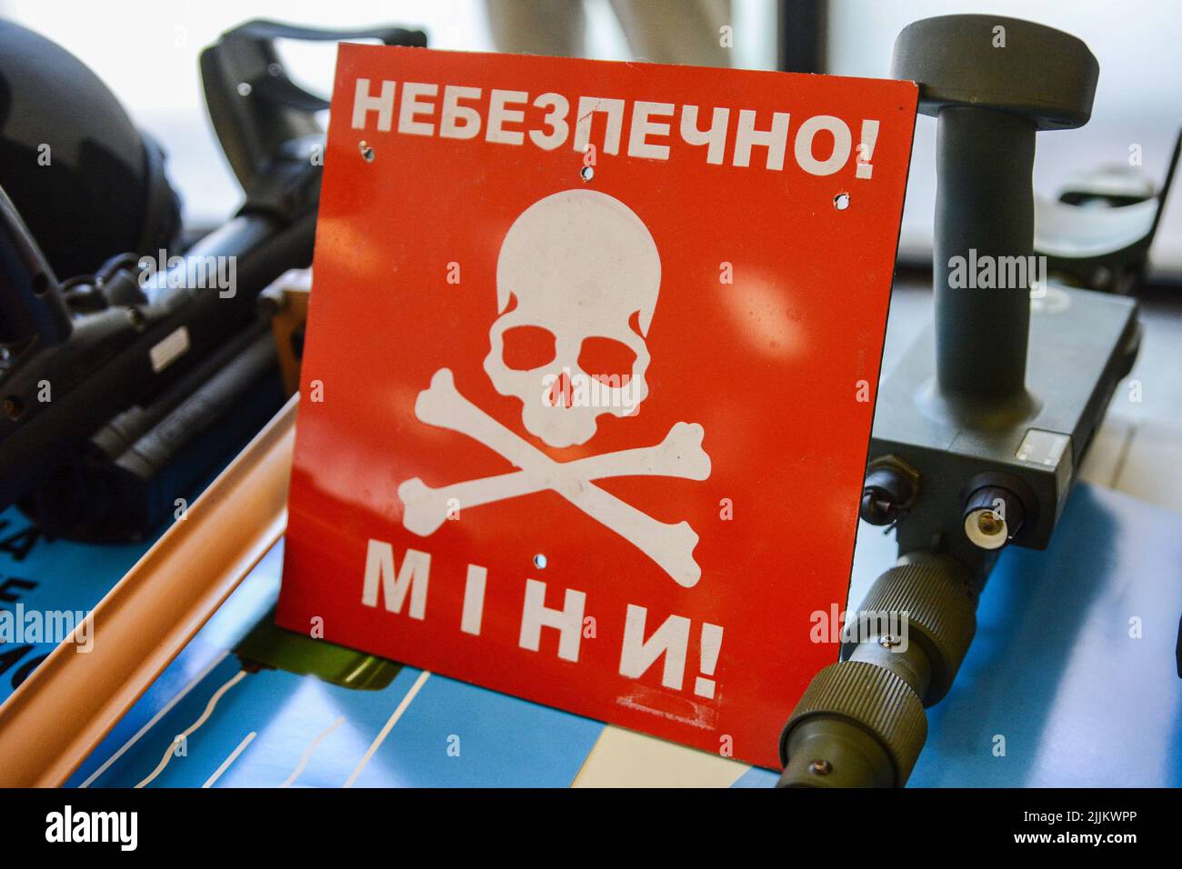 Kyiv, Ukraine. 27th July, 2022. A display of the sign "Dangerous mines ...