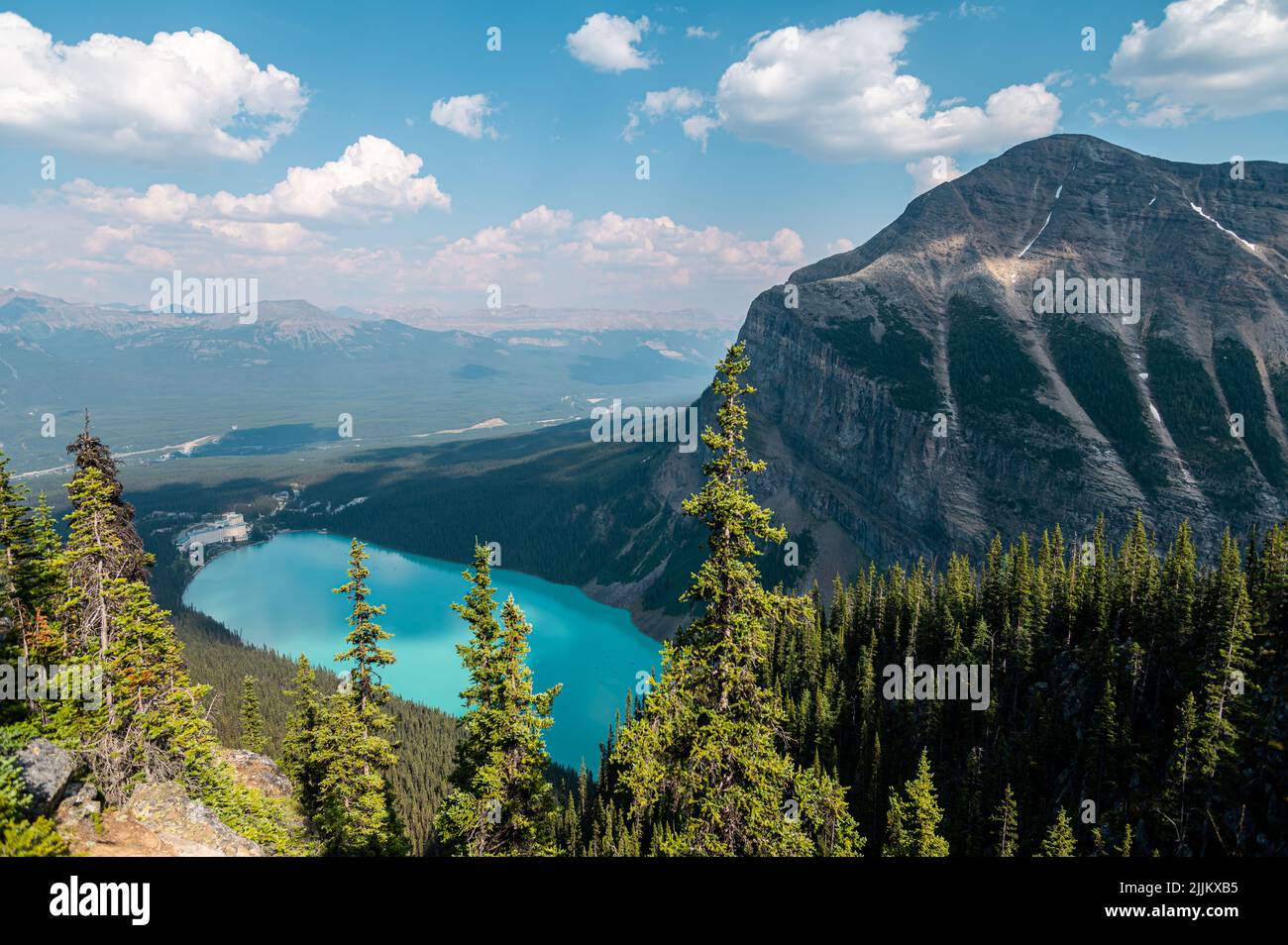 A beautiful high angle view of the Lake Louise in the Canadian Rocky ...