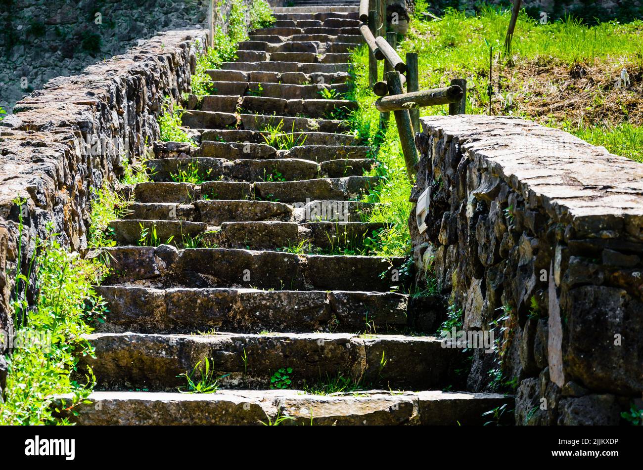 Medieval stairs leading to the town of Santa Pau, La Garrotxa, Girona ...