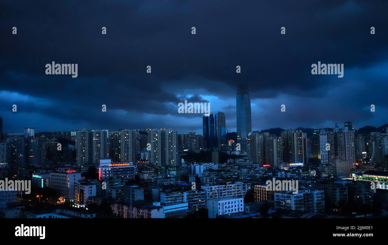 GUIYANG, CHINA - JULY 27, 2022 - A thunderstorm over the city before ...