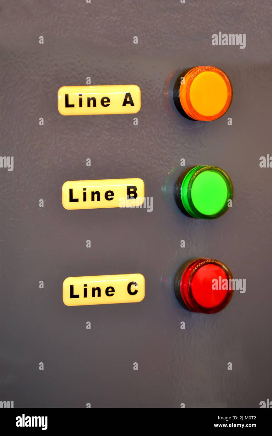 control panel with red, green, yellow led lamp indicator closeup ...