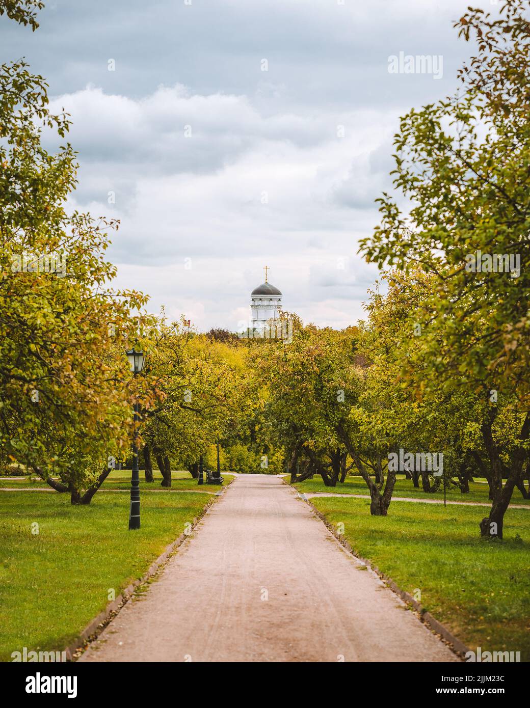 Beautiful autumn view in a park with a road and a cloudy sky Stock ...