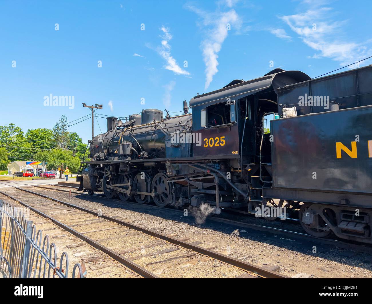 Essex Steam Train locomotive at historic Essex Station in town of Essex ...