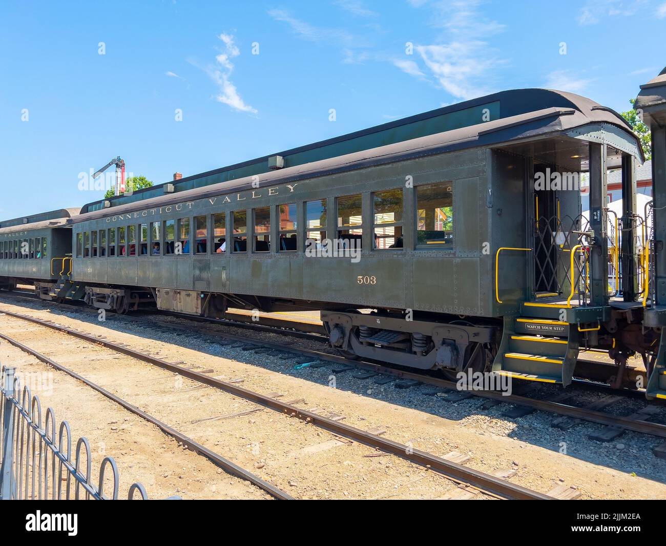 Essex Steam Train passenger coach at historic Essex Station in town of ...