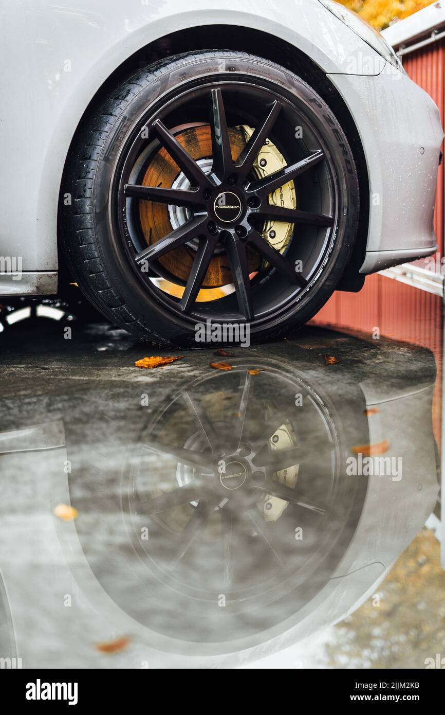 Shot of the front wheel of a Porsche Stock Photo - Alamy