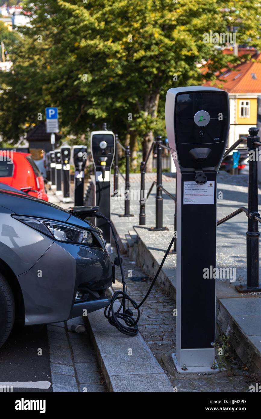 A gray electric Toyota connected to power station charger Stock Photo ...
