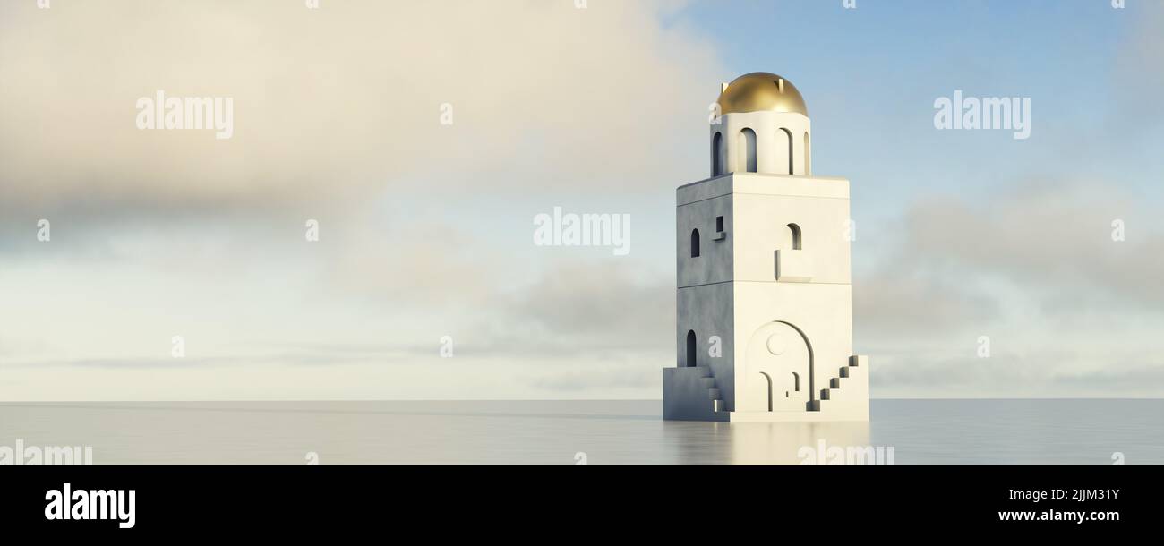 A 3d illustration of a white tower building on the water and sky ...