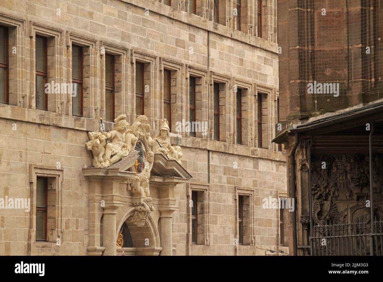 A shot of the exterior design of an ancient building in Nuremberg with ...