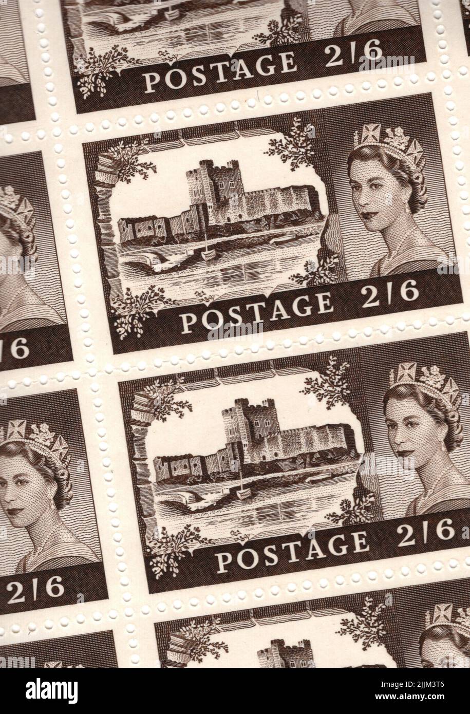 Detail from a sheet of Elizabeth II GB postage stamps featuring castles ...