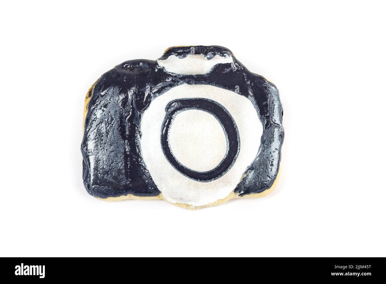 DSLR camera shape decorated with royal icing, sugar cookie isolated ...