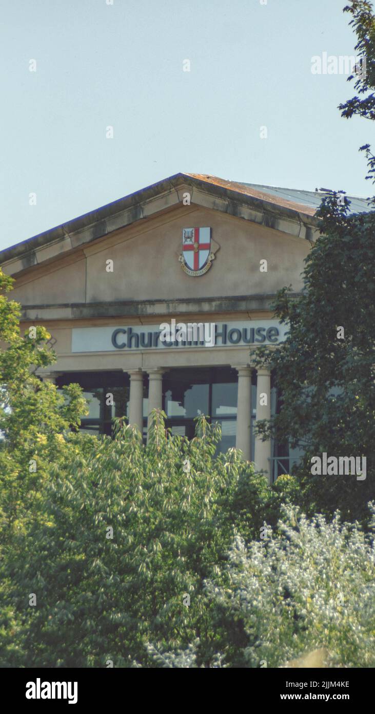 A closeup of the Churchill house building with blue sky background ...