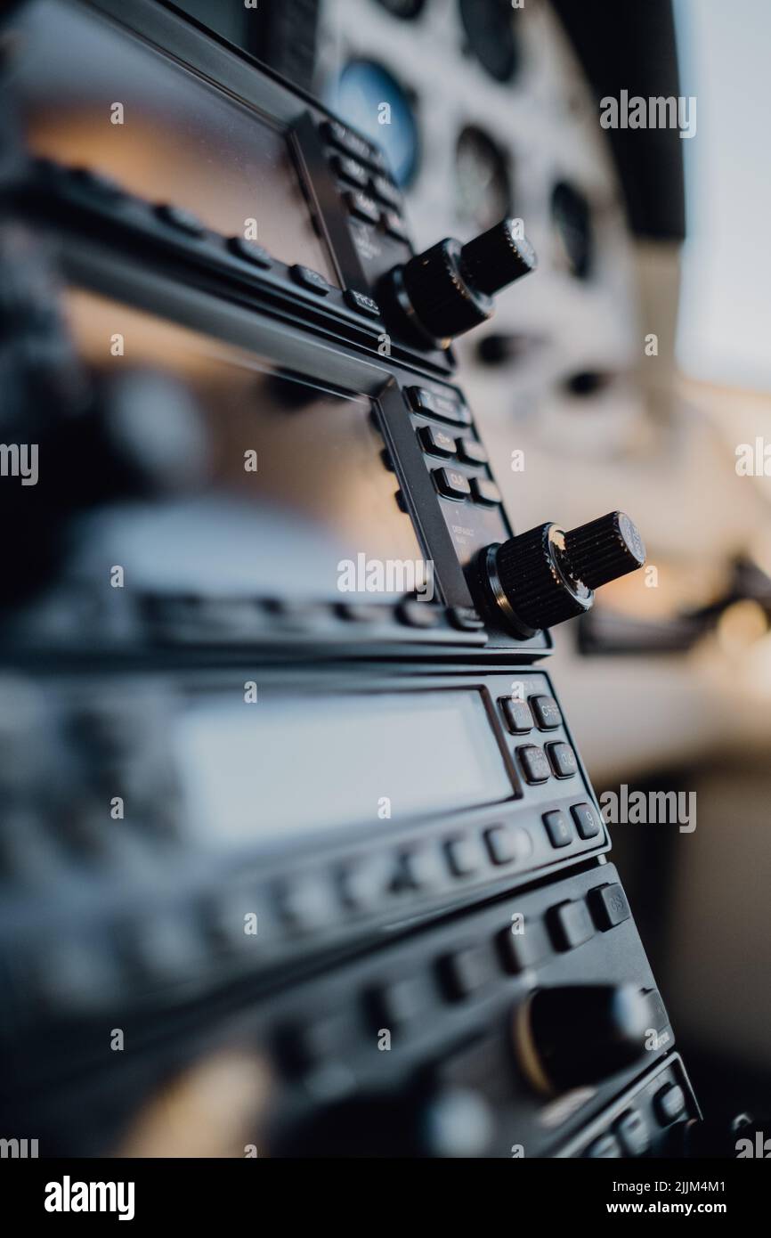 A vertical closeup shot of the flight deck system of a small aircraft ...