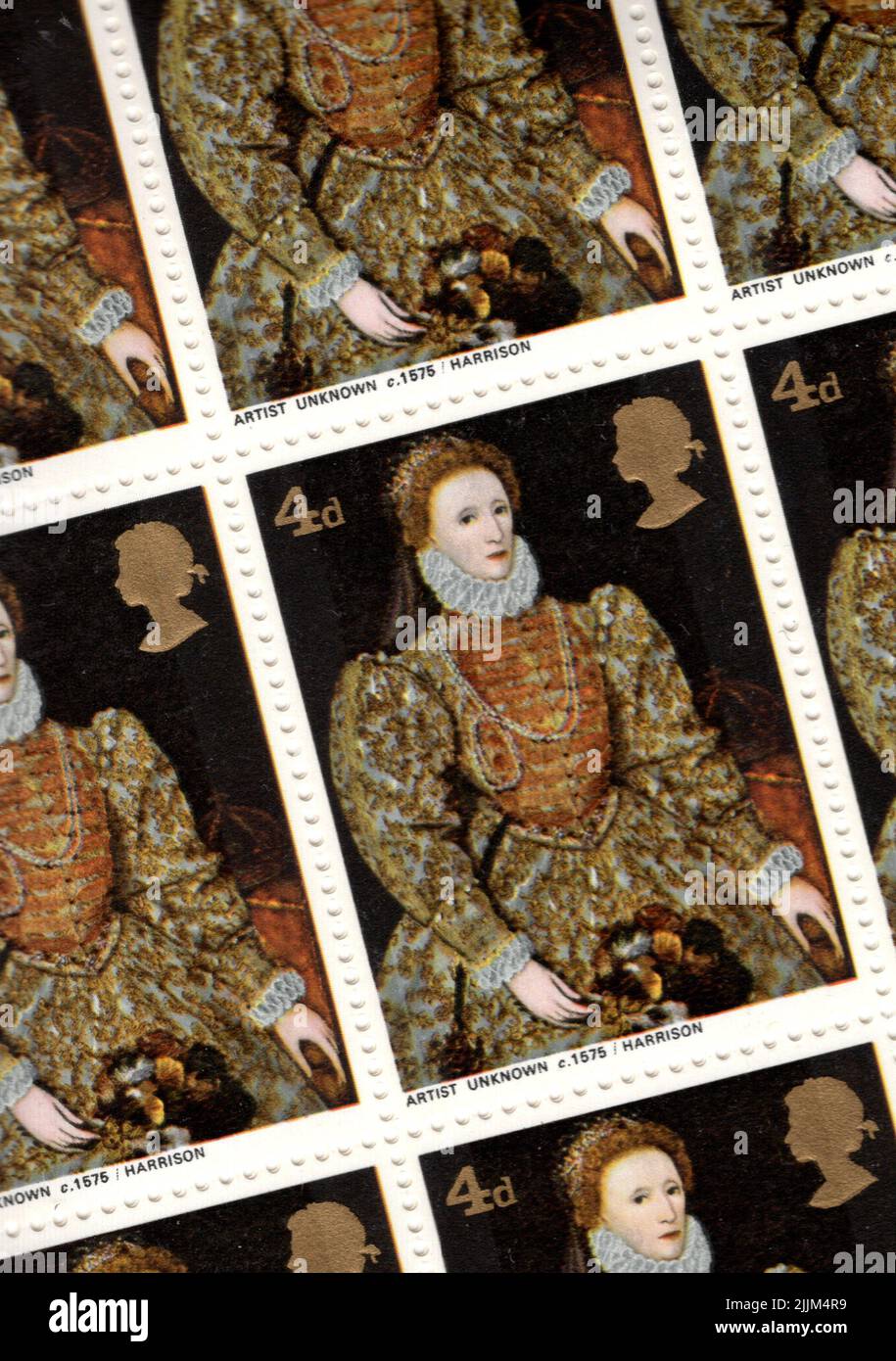 Detail from a sheet of Elizabeth II GB postage stamps featuring famous ...