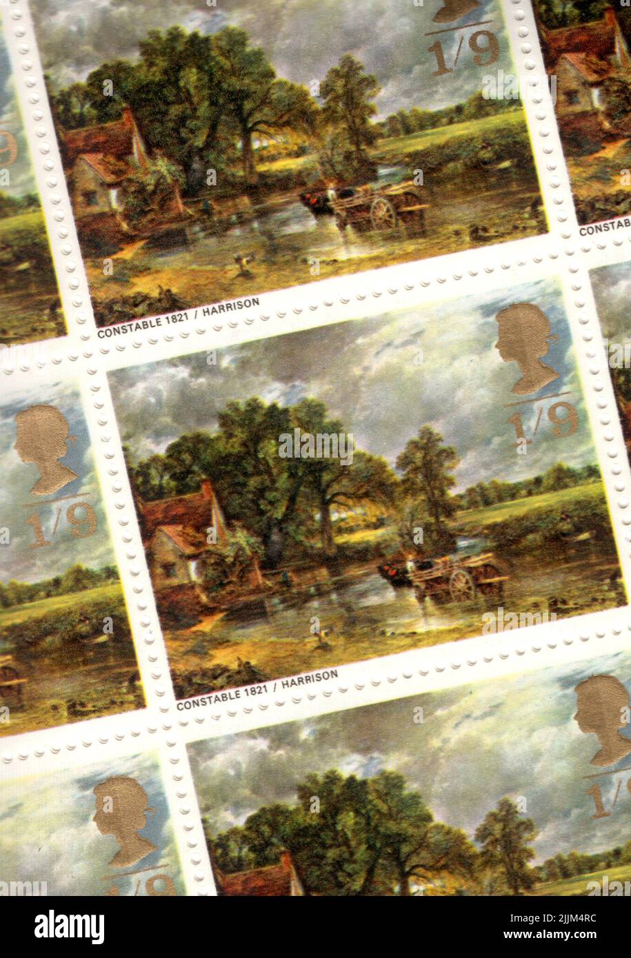 Detail from a sheet of Elizabeth II GB postage stamps featuring famous ...