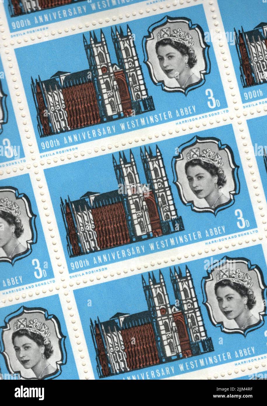 Detail from a sheet of Elizabeth II GB postage stamps featuring ...