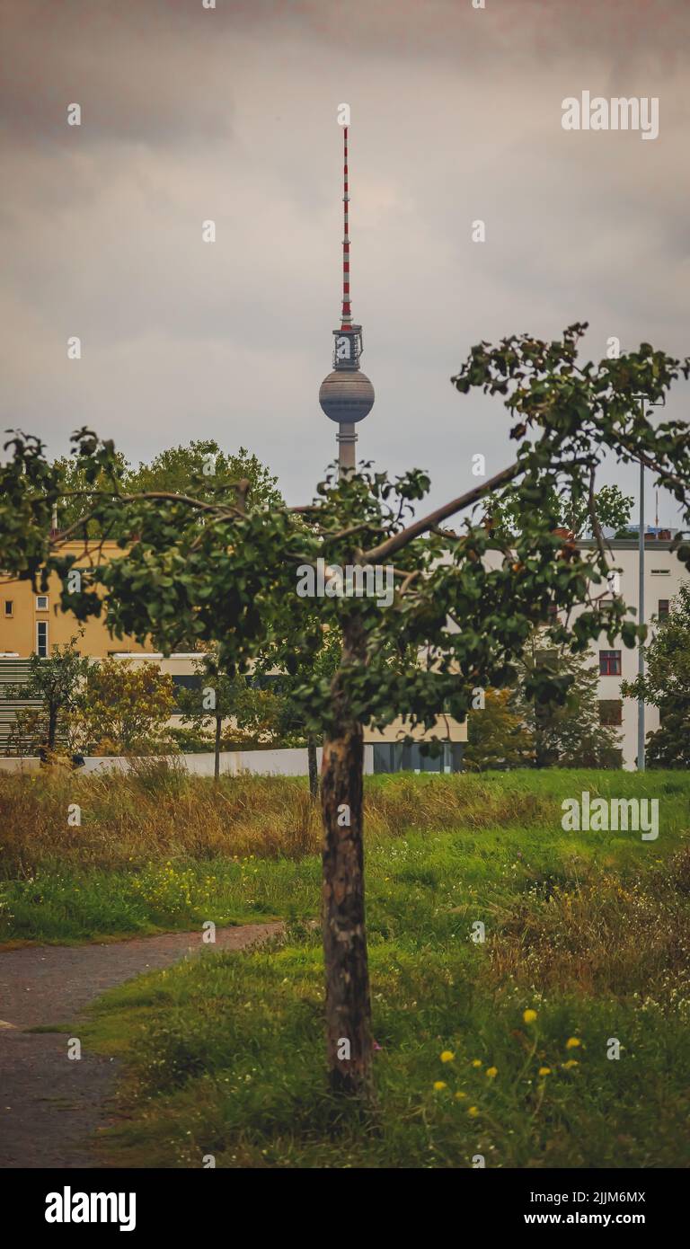 A vertical shot of Fernsehturm Berlin under a cloudy sky in Germany ...
