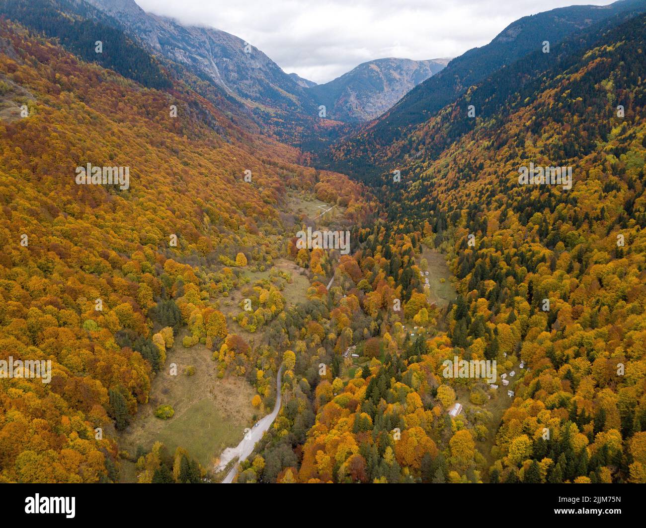 An aerial view of a rural trail through mountains with yellow autumn ...