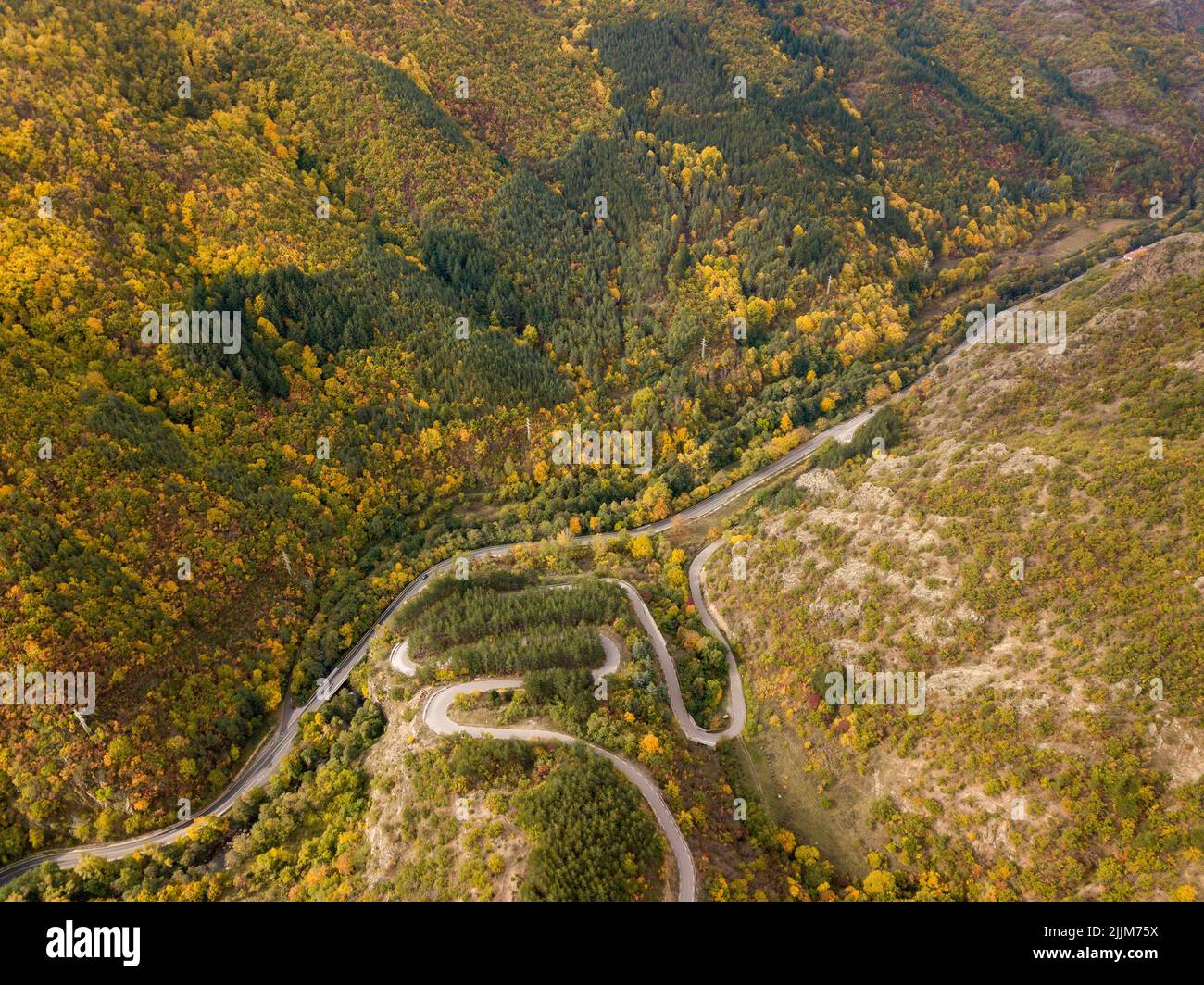 An aerial view of a rural trail through mountains with yellow autumn ...