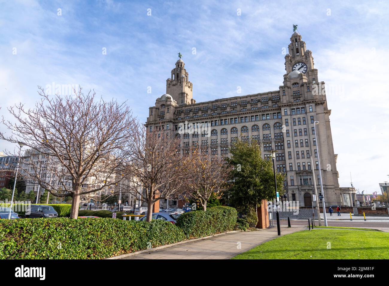 A view of the Liver Building in Liverpool against a blue sky Stock ...