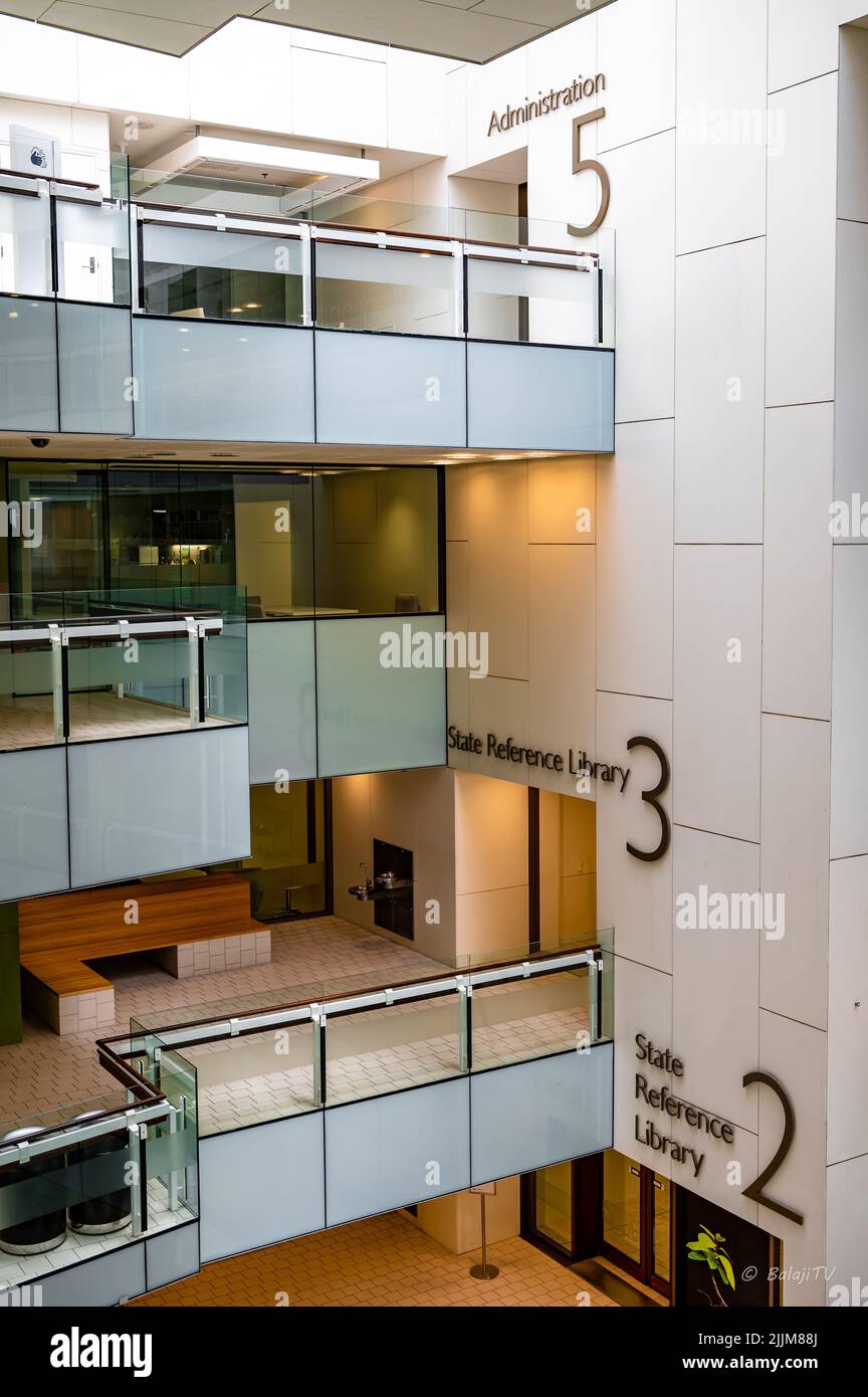 A vertical shot of a modern interior of the Brisbane City Library view ...