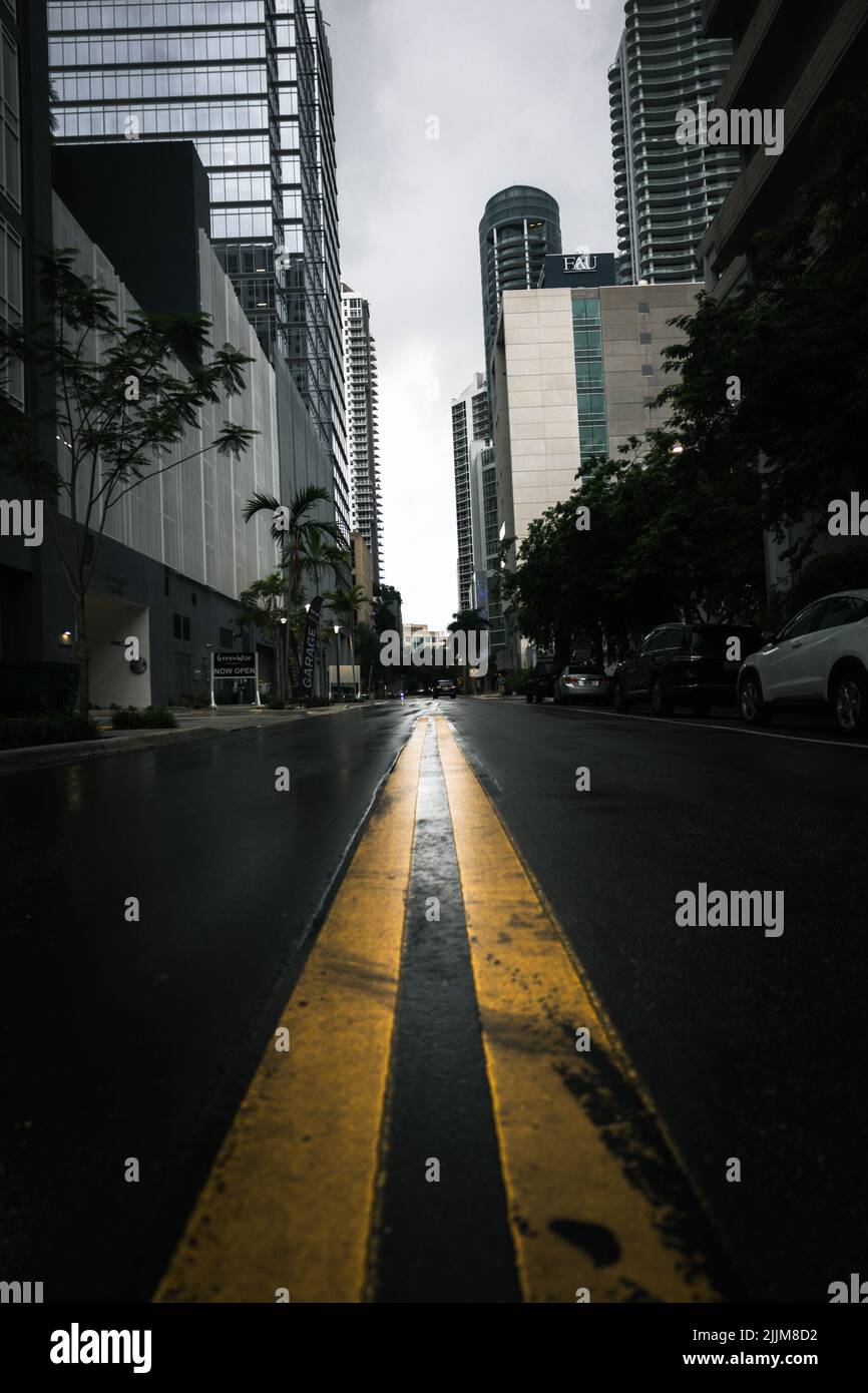 A Low angle street view, leading to the FAU building along the street ...