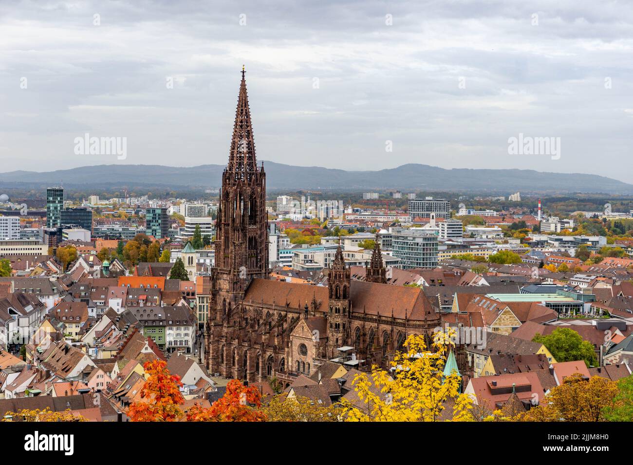 A beautiful aerial view of the Freiburg Minster, Germany Cathedral with ...