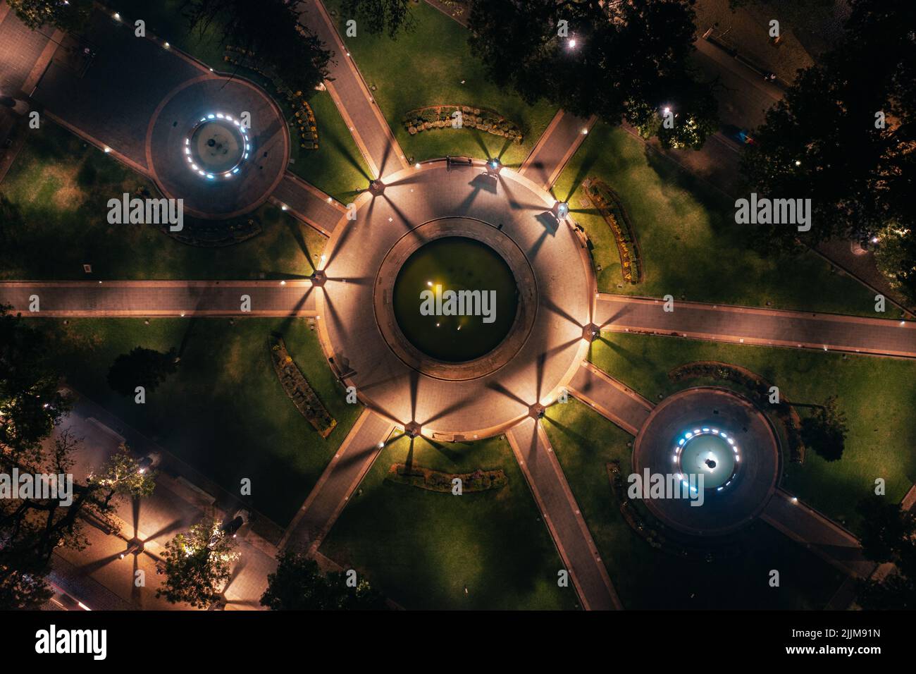 An aerial top view of Plaza Vasco de Quiroga in Patzcuaro illuminated ...
