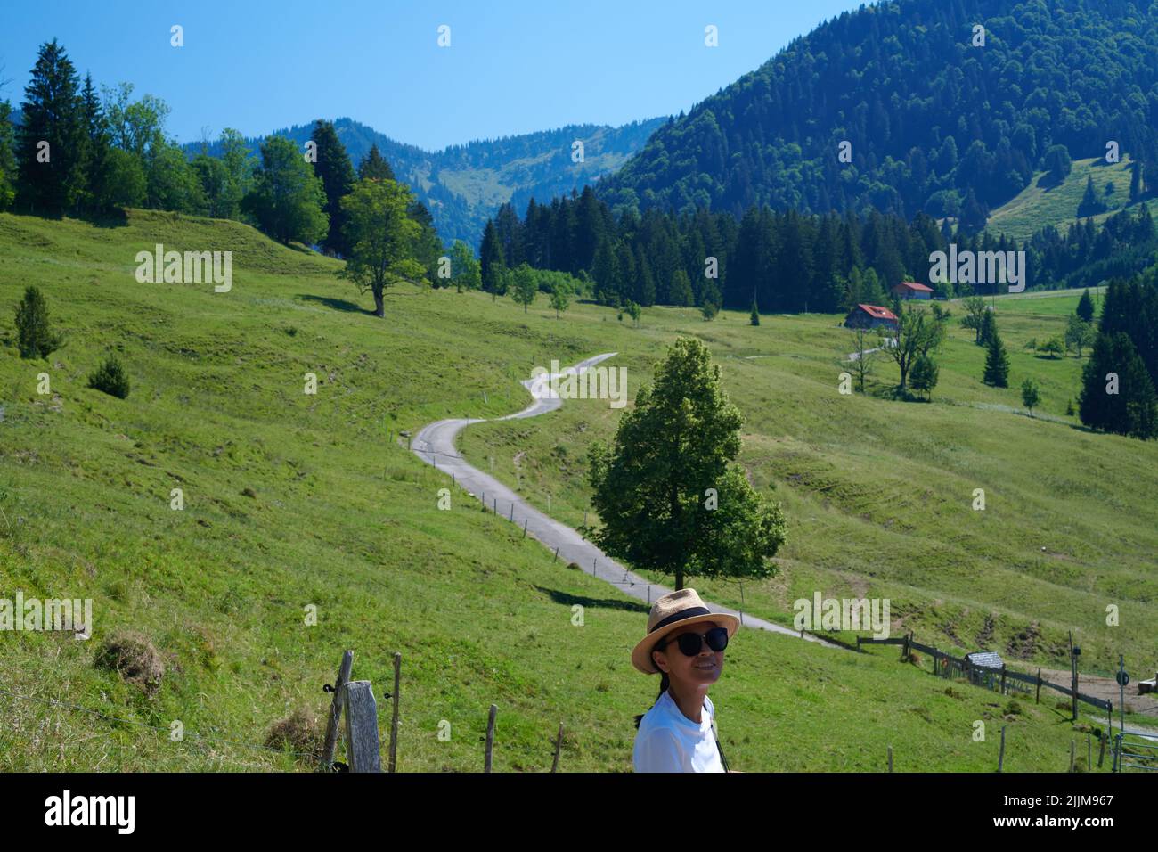 The Bavarian Alps and hills in summer sunshine are green and stunningly ...