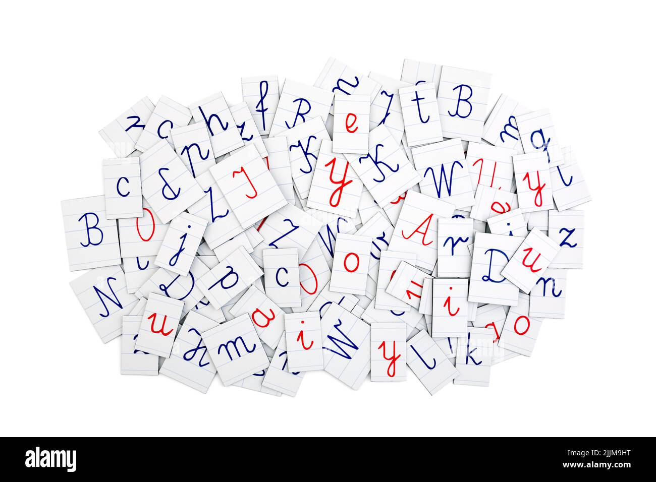 Pile of letters from a notebook on white background. Typography ...