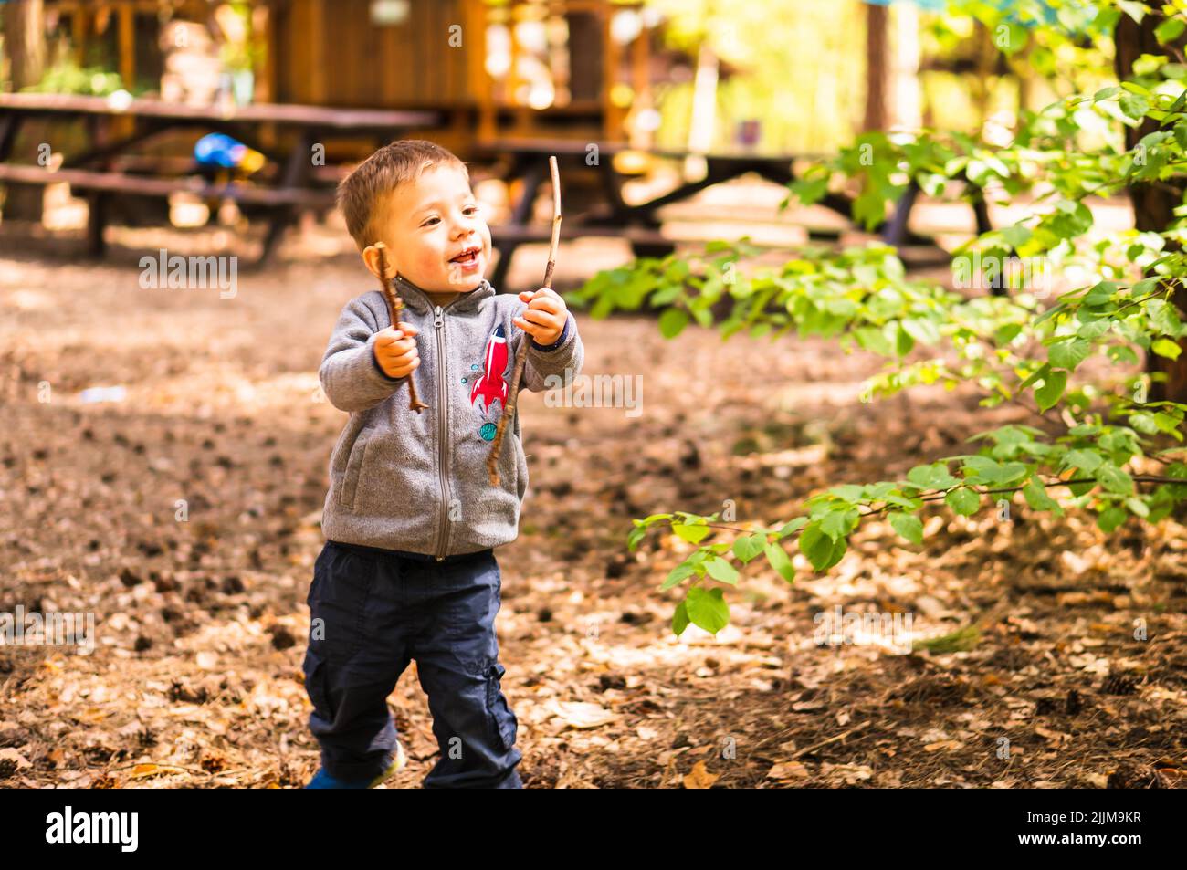 A closeup of a young boy holding two sticks at Pyrland park on a sunny ...