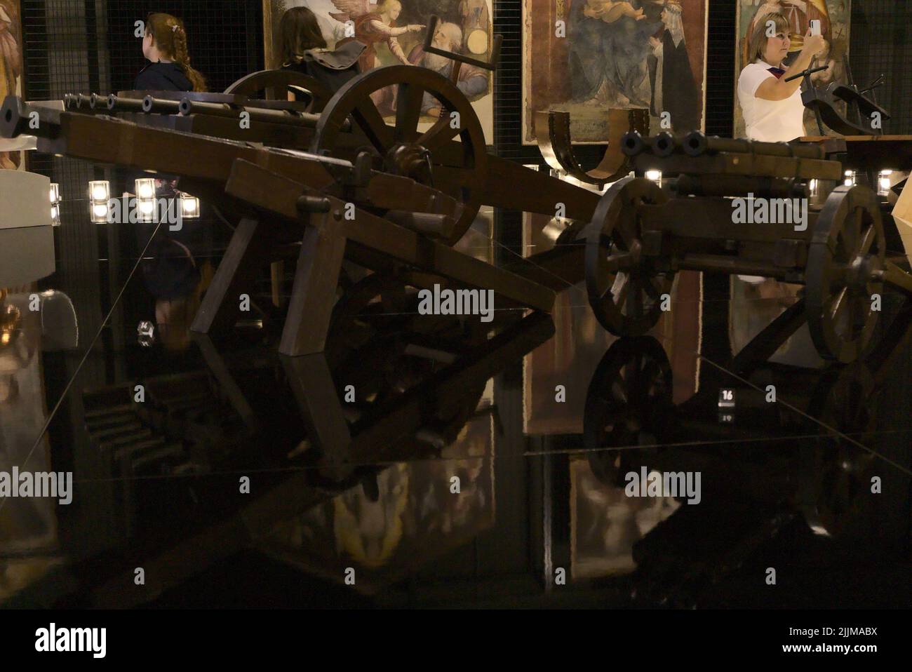 A closeup shot of canon models made of Leonardo's sketches at Leonardo ...