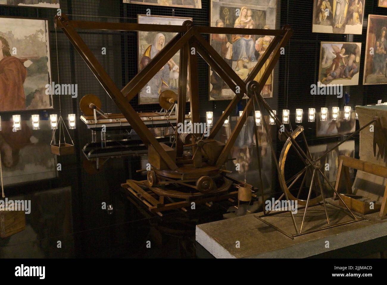 A closeup of pulley machines made from Leonardo's sketches at Leonardo ...