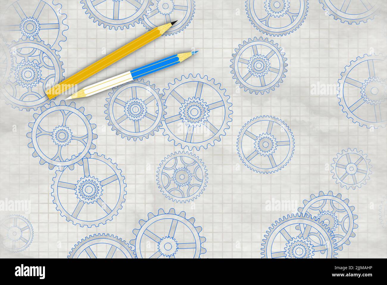 An illustration of a gears sketch with pencils Stock Photo - Alamy