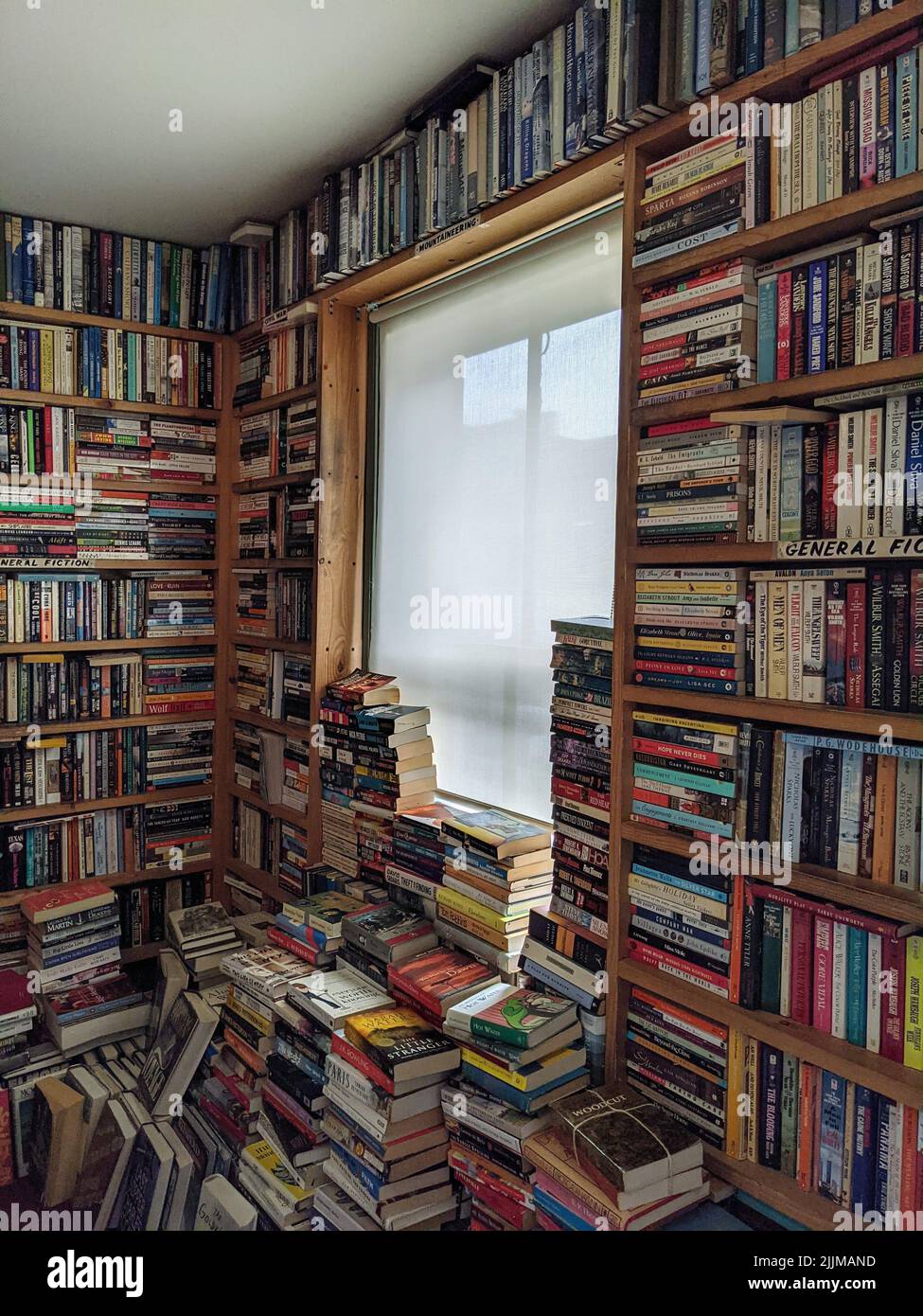 A beautiful interior shot of aligned books stored all over a wall in ...