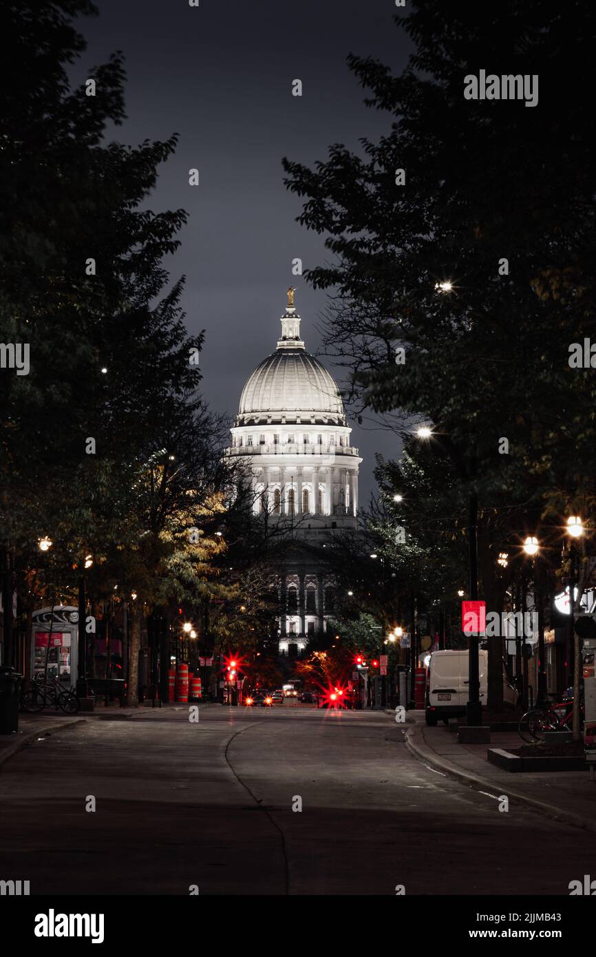 A vertical shot of Wisconsin state Capitol Building at night in ...