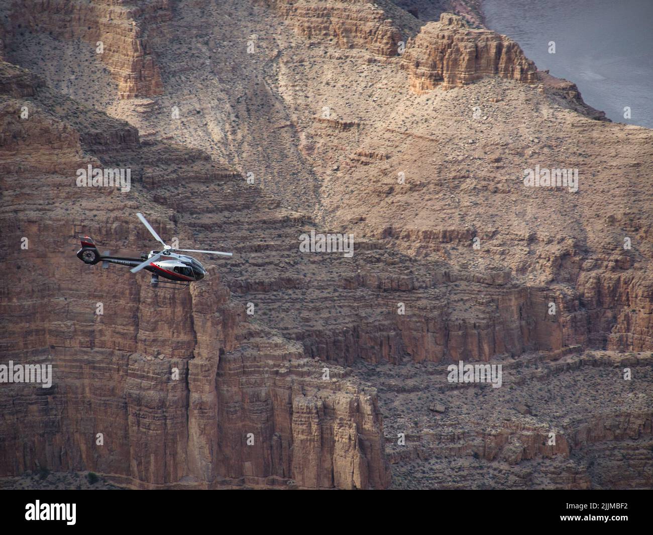 A closeup of a Helicopter flying through the Grand Canyon West at Guano ...