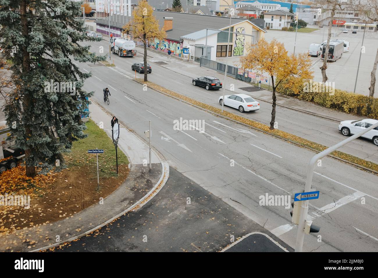 An aerial view of cars driving on a street in Klagenfurt, Austria Stock ...