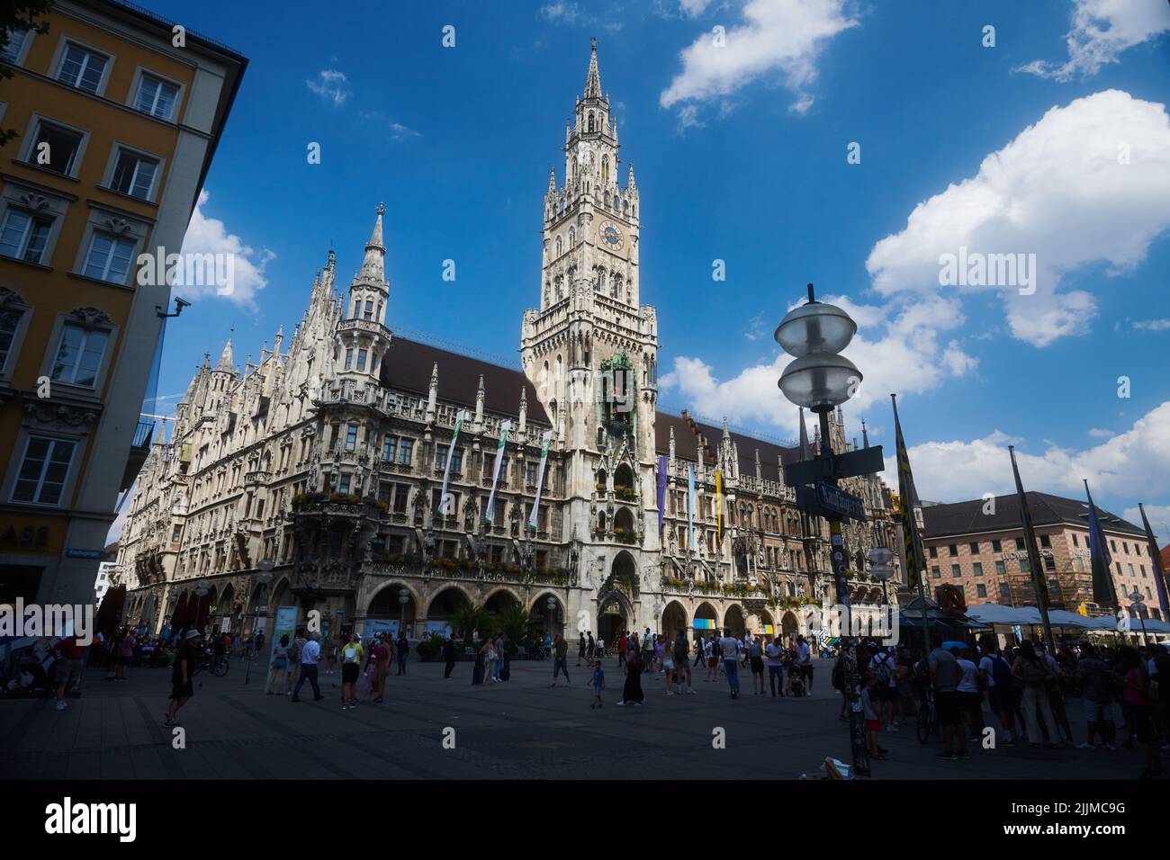 Landmarks Marienplatz and the Radshaus in the city centre of Munich in ...