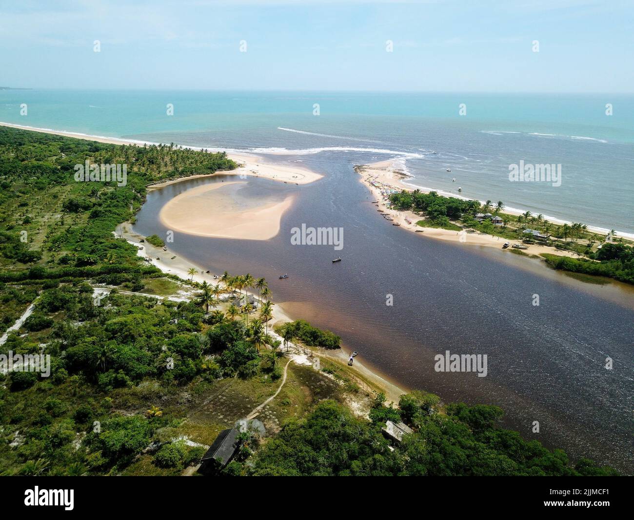 An aerial view of Praia da Caraiva in the state of Bahia in Brazil ...