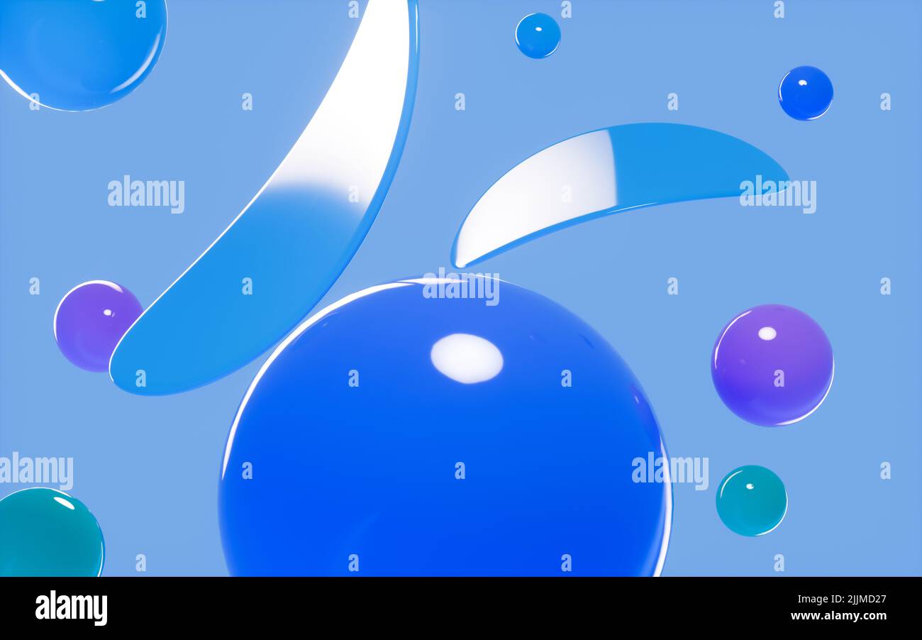 Abstract spheres and glass curves with blue background, 3d rendering ...