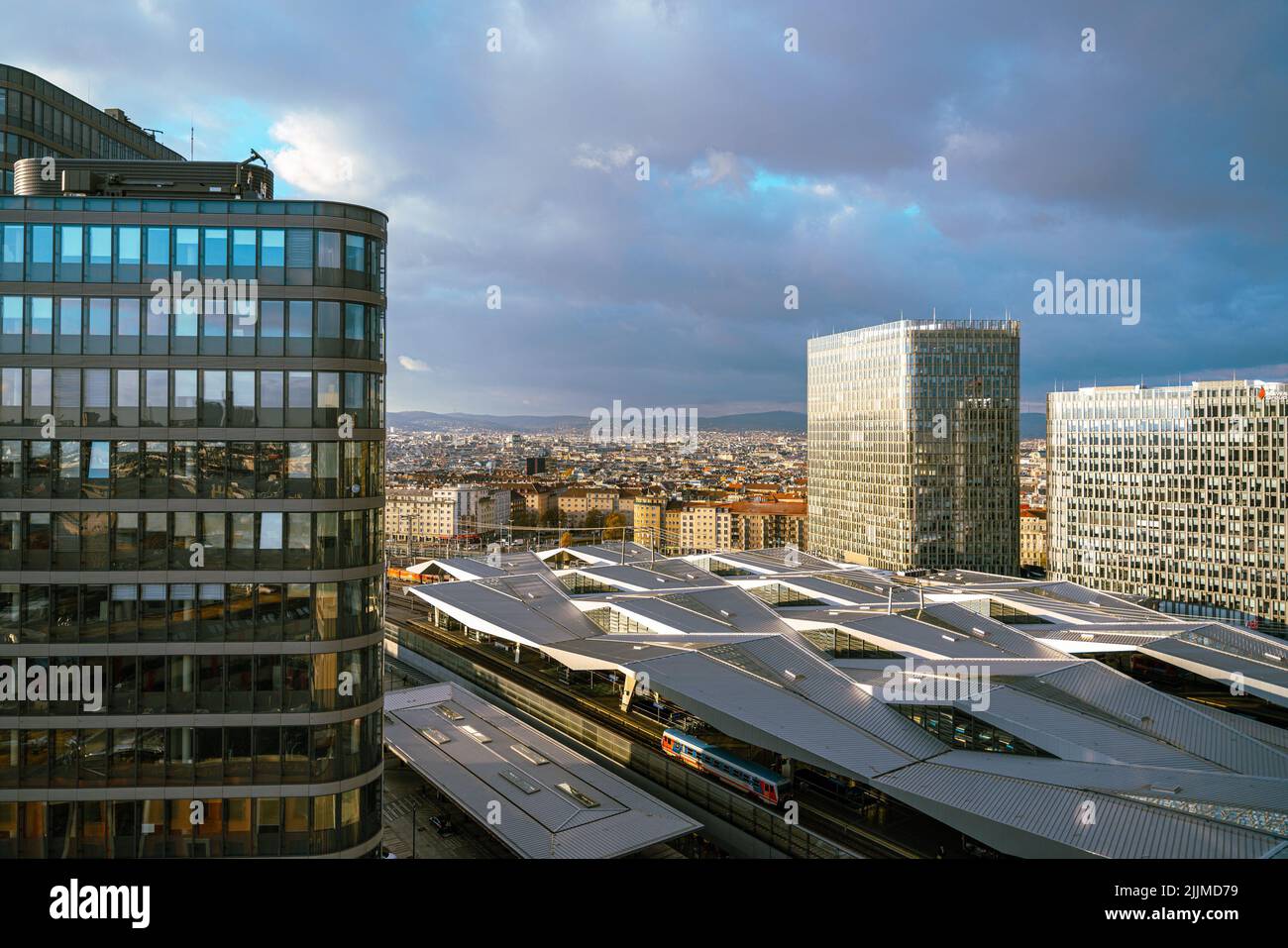 A bird's eye view of the cityscape of Vienna, Austria on a cloudy day ...