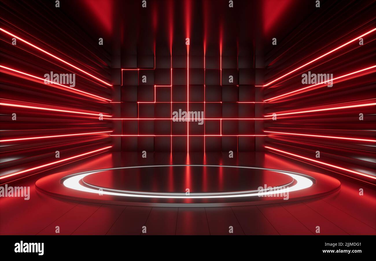 Empty stage and neon lines in the dark room, 3d rendering. Computer ...