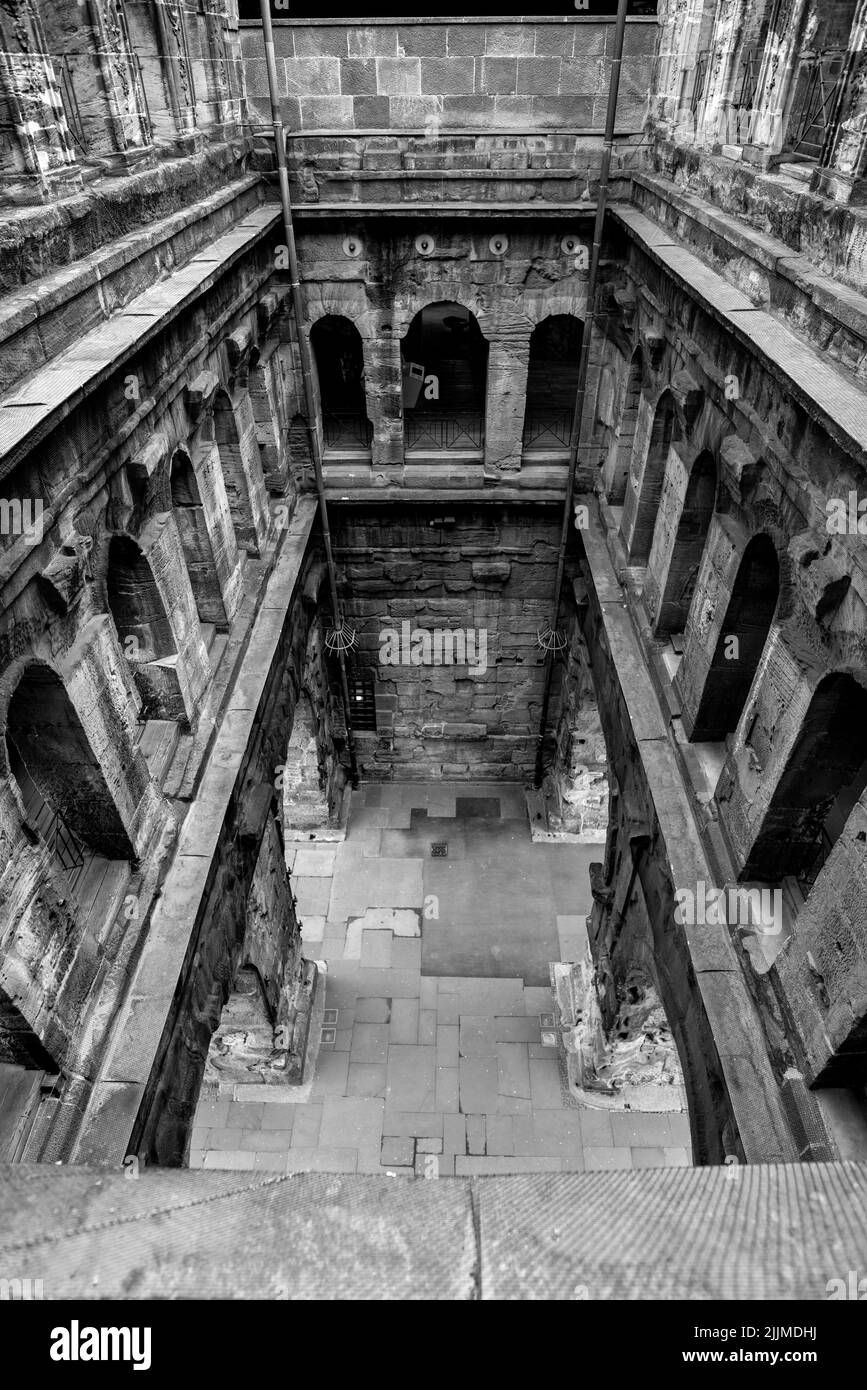 A vertical grayscale shot of an old historic castle Stock Photo - Alamy