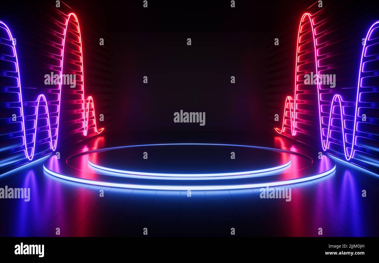 Empty stage and neon lines in the dark room, 3d rendering. Computer ...