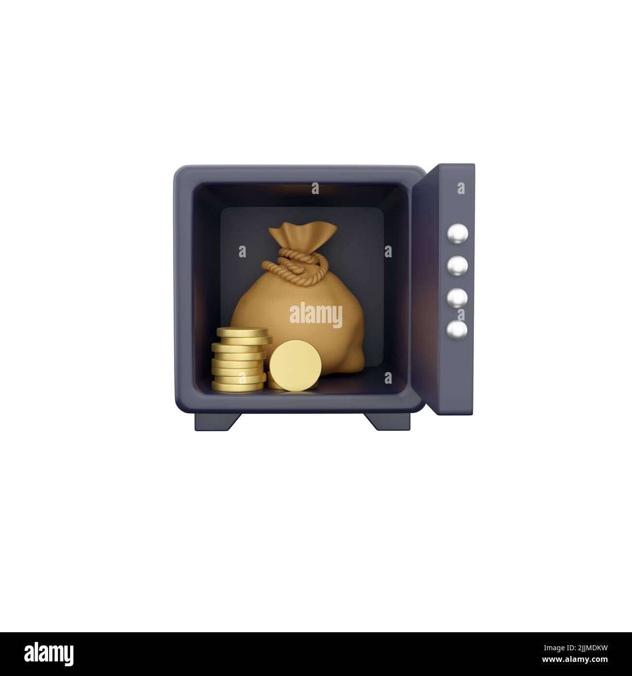 3d render, open metallic safe box isolated on white background. Frontal ...